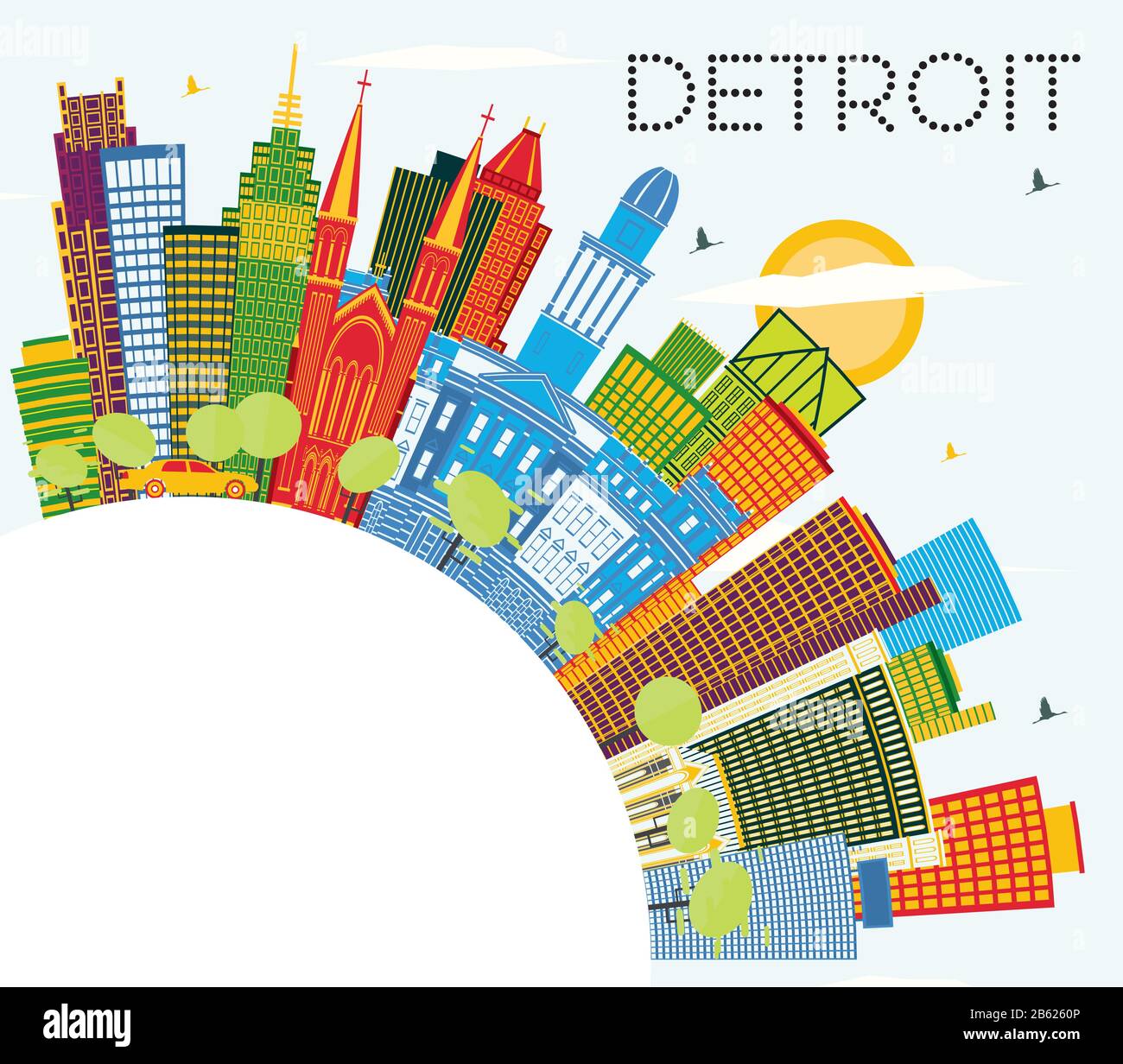 Detroit Michigan City Skyline with Color Buildings, Blue Sky and Copy ...