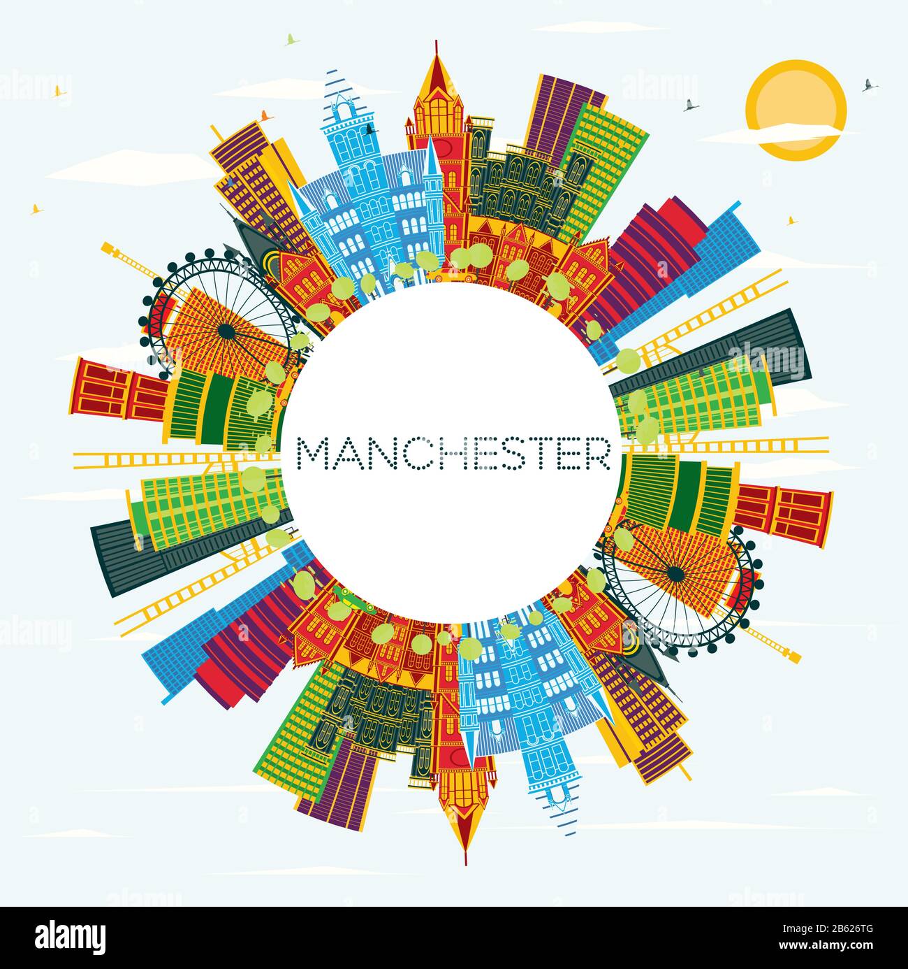 Manchester Skyline with Color Buildings, Blue Sky and Copy Space ...