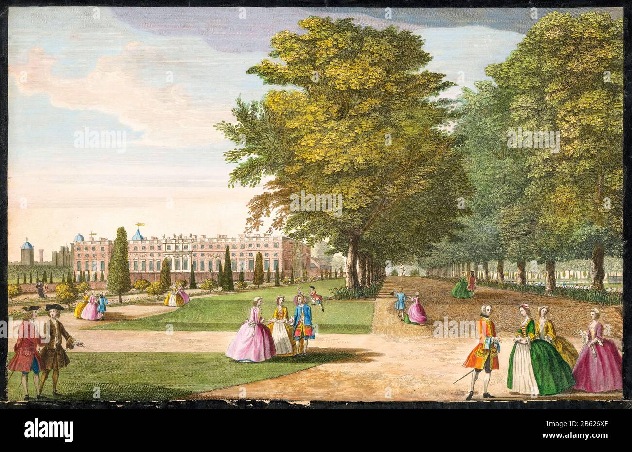 South facade of Hampton Court Palace and formal Gardens, print 1700 ...