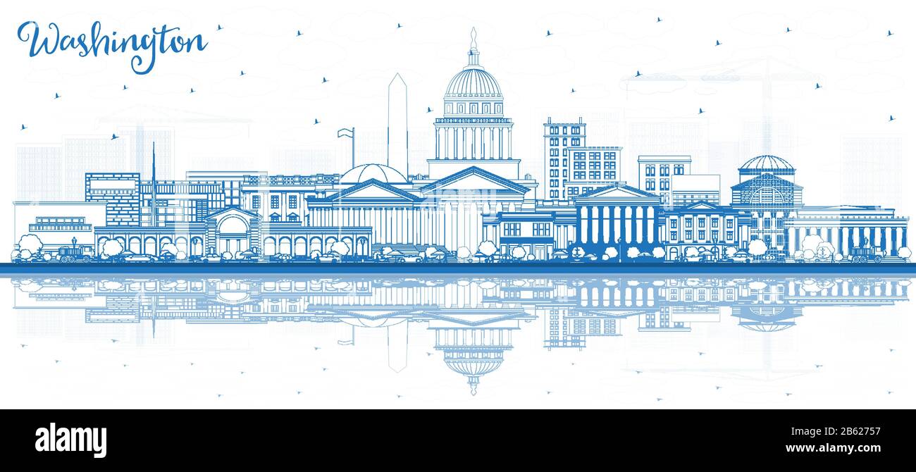 Outline Washington DC USA City Skyline with Blue Buildings and ...