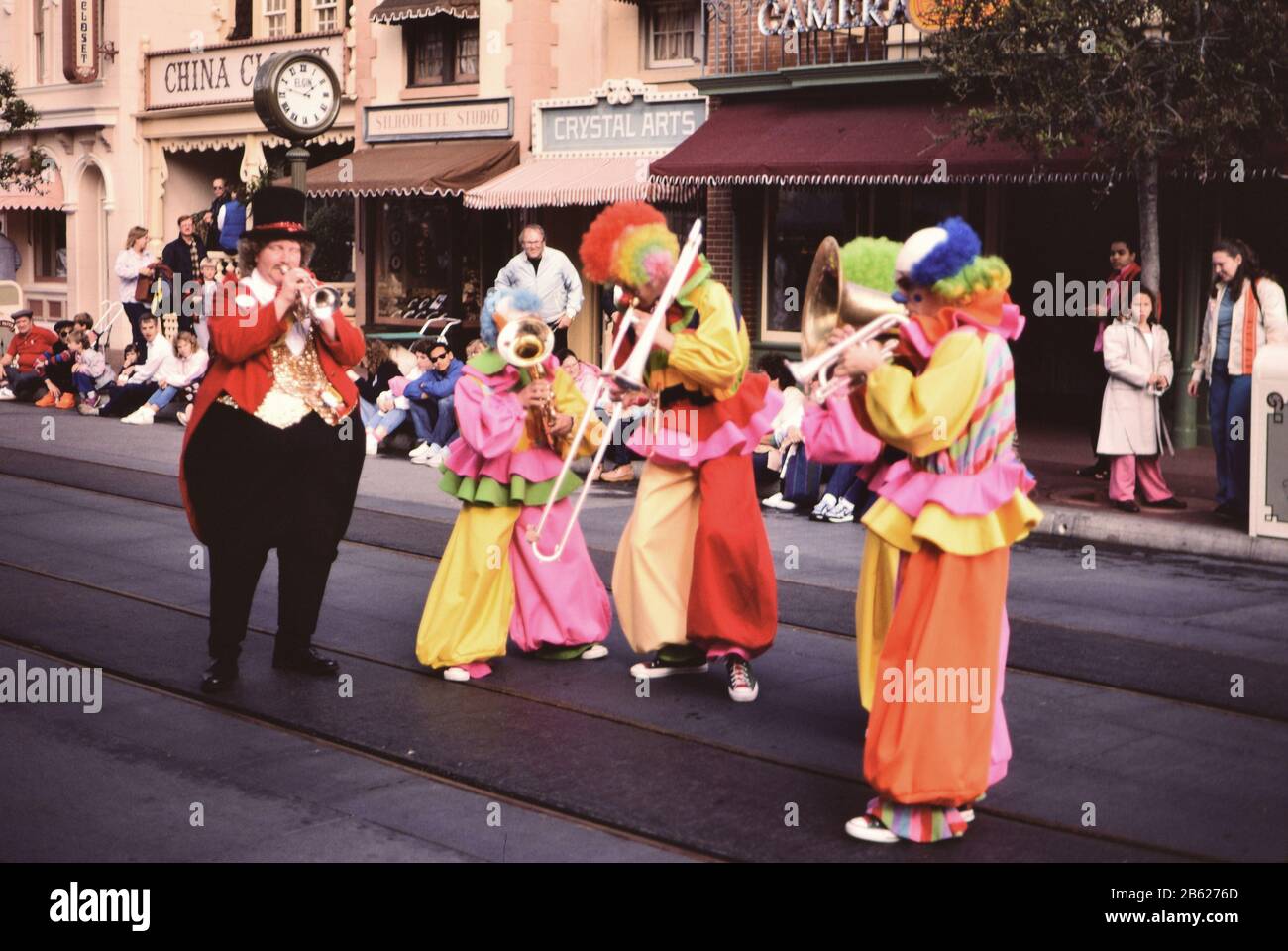 Clowns playing instruments at Disneyland on Main Street ca. 1986 Stock ...