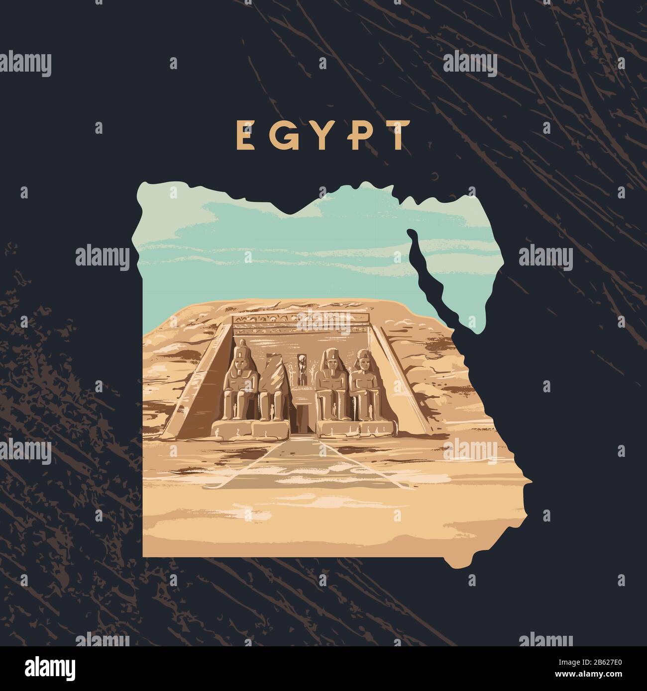 Vector illustration of the Great Sphinx in Giza inscribed on the map of Egypt with the pyramids ...