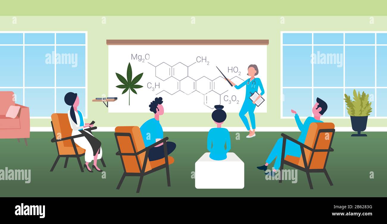 scientist presenting CBD THC cannabis hemp drug molecule for doctors ...