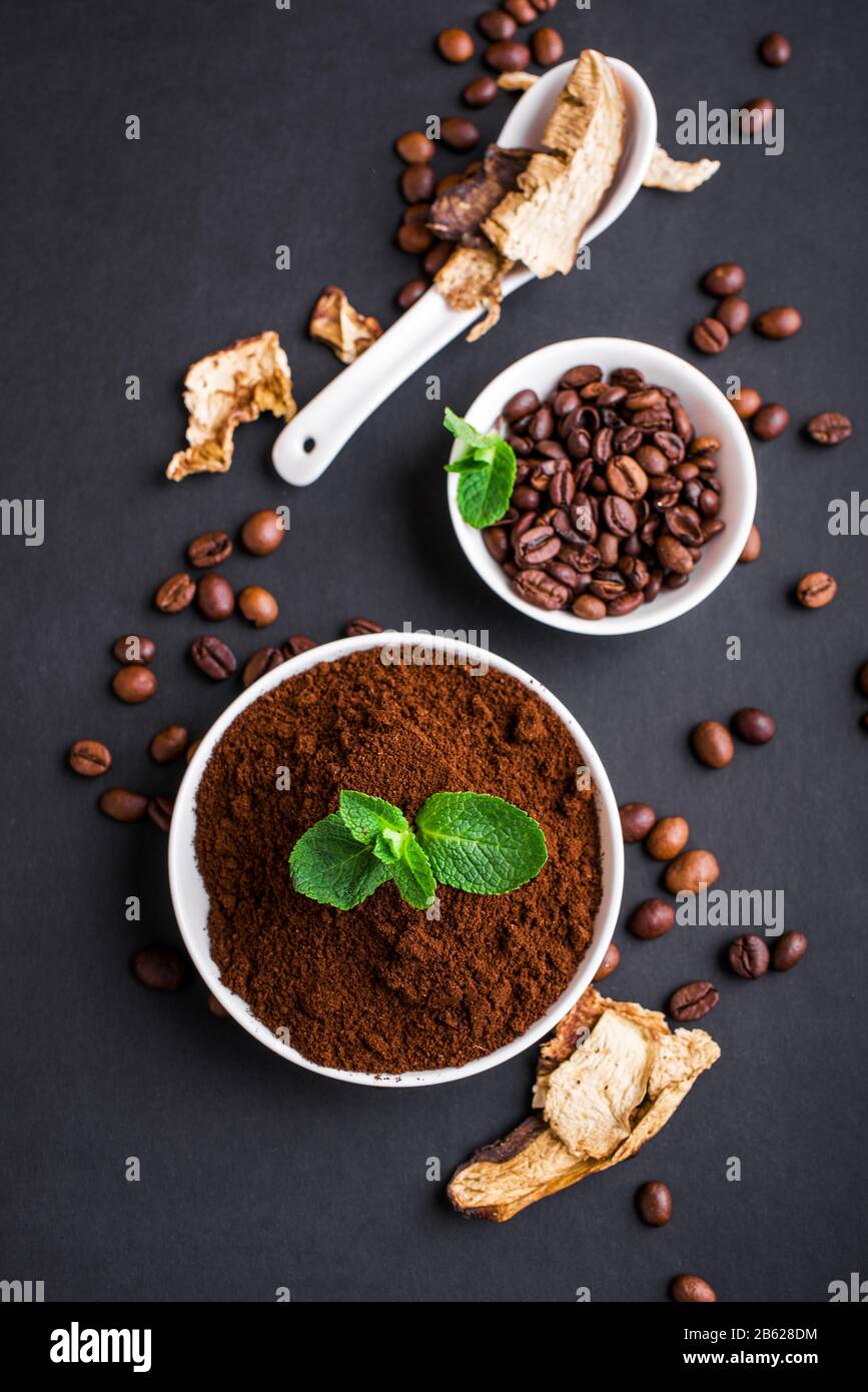 Mushroom Chaga Coffee Superfood Trend-dry and fresh mushrooms and ...