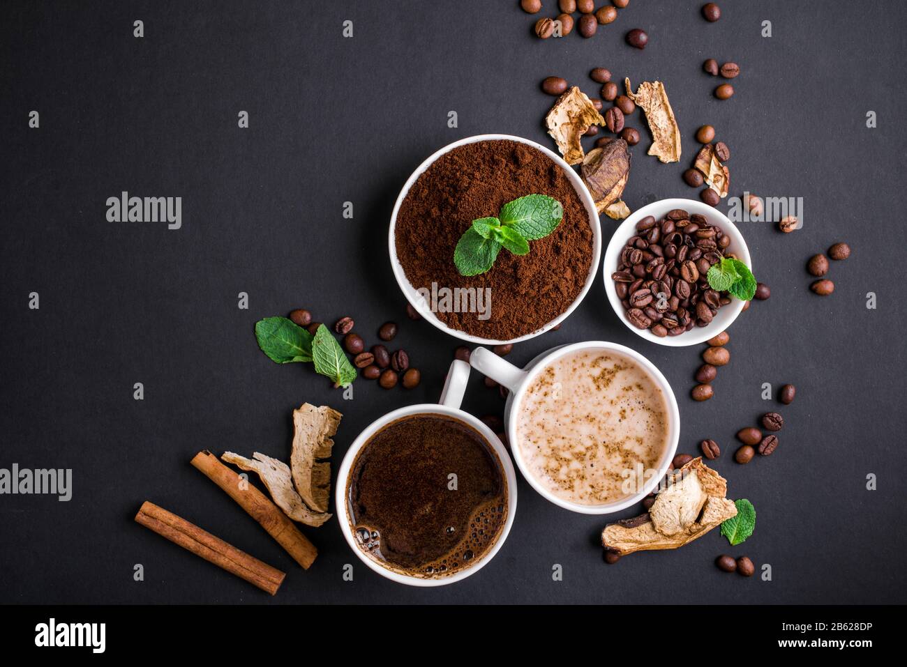 Mushroom Chaga Coffee Superfood Trend-dry and fresh mushrooms and ...