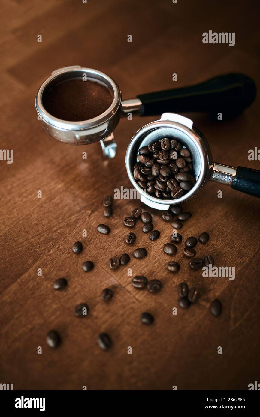 Espresso coffee extraction. Preparation of espresso.close up photo ...