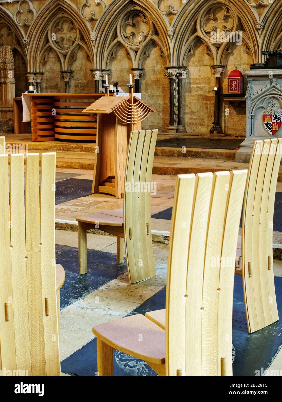 Beautiful modern wooden chairs, lectern and alter in St Hugh's Chapel ...
