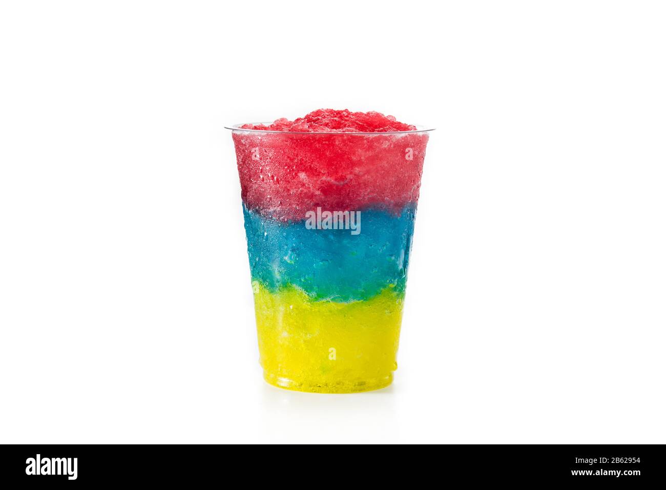 Colorful slushie of differents flavors with straw in plastic cup ...