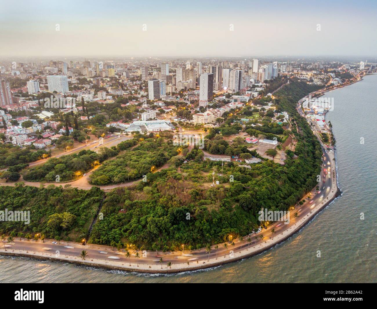 Aerial view of beautiful coast of Maputo, Costa do Sol, capital city of ...