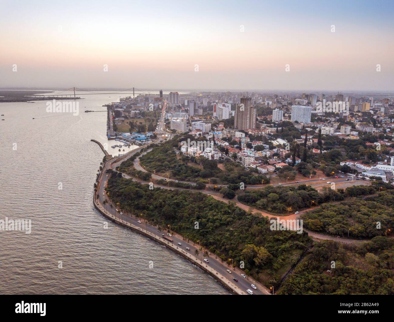 Aerial view of beautiful coast of Maputo, Costa do Sol, capital city of ...