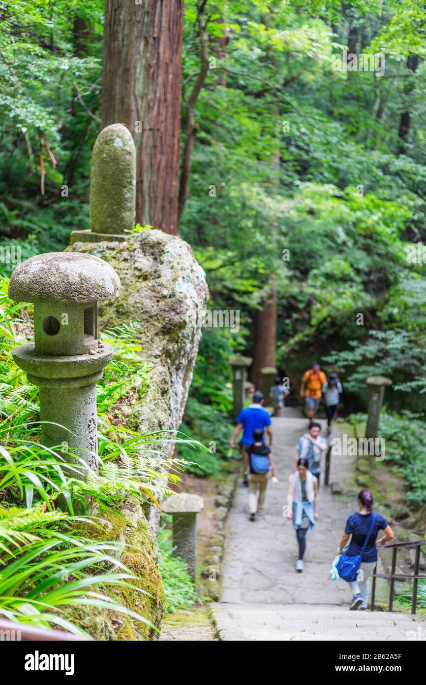 Japan, Honshu, Yamagata prefecture, Risshaku-ji Yamadera temple, stone ...