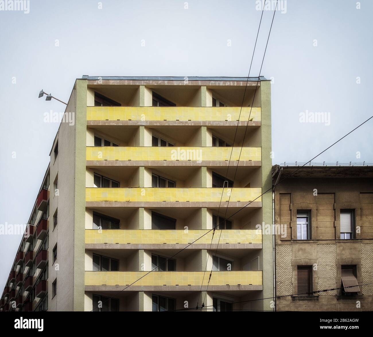 Budapest, Hungary, Aug 2019, view of the top part of a yellow colour ...