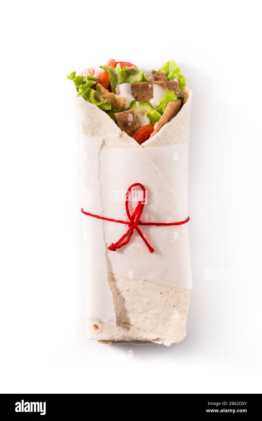 Doner kebab or shawarma sandwich isolated on white background. Top view ...