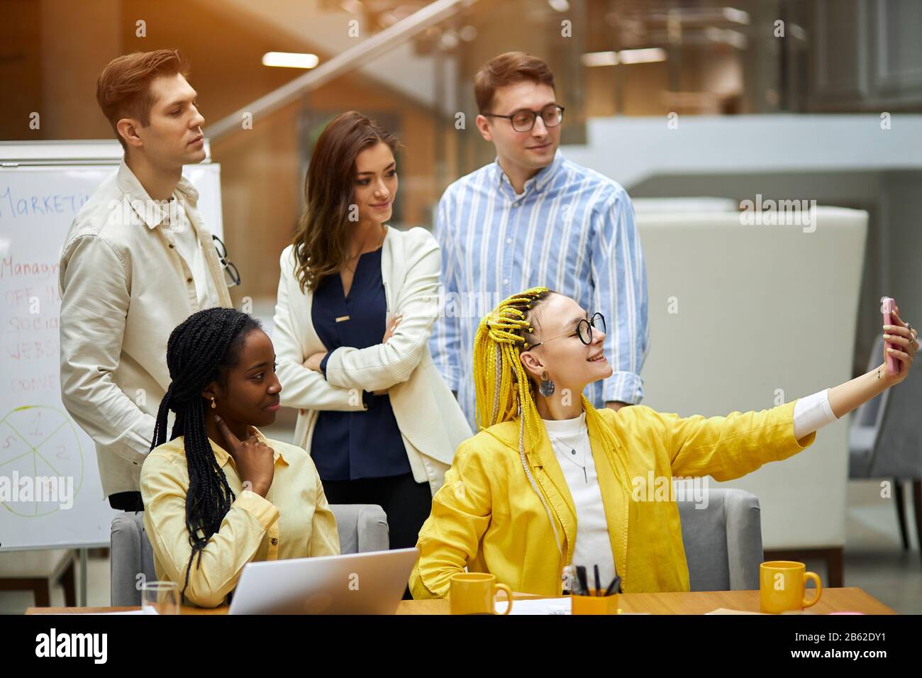 cheerful pleasant attractive woman trying to catch the moment, taking ...