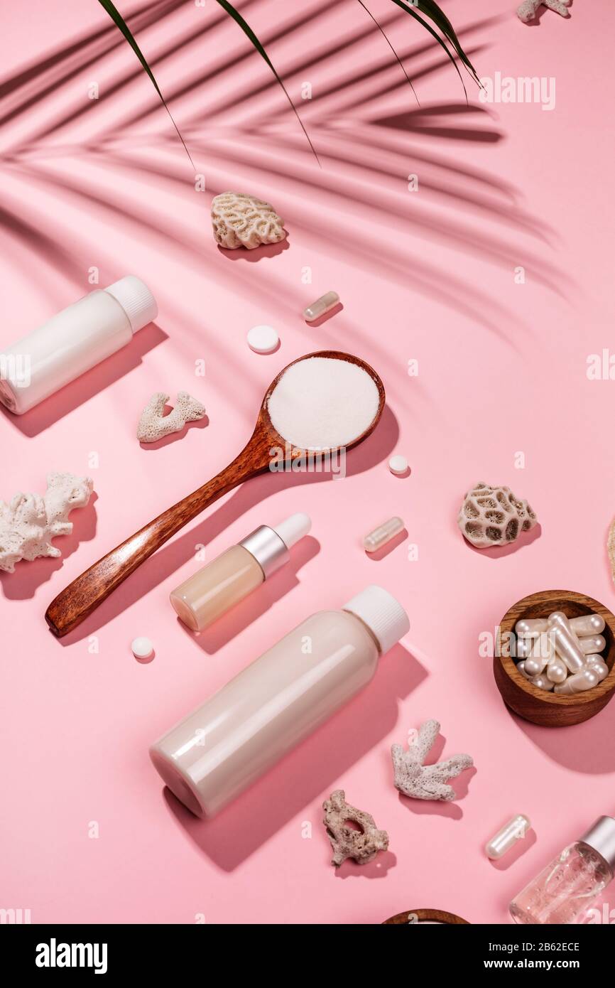 Different types of collagen. Powder, capsules, tablets and fluid Stock ...