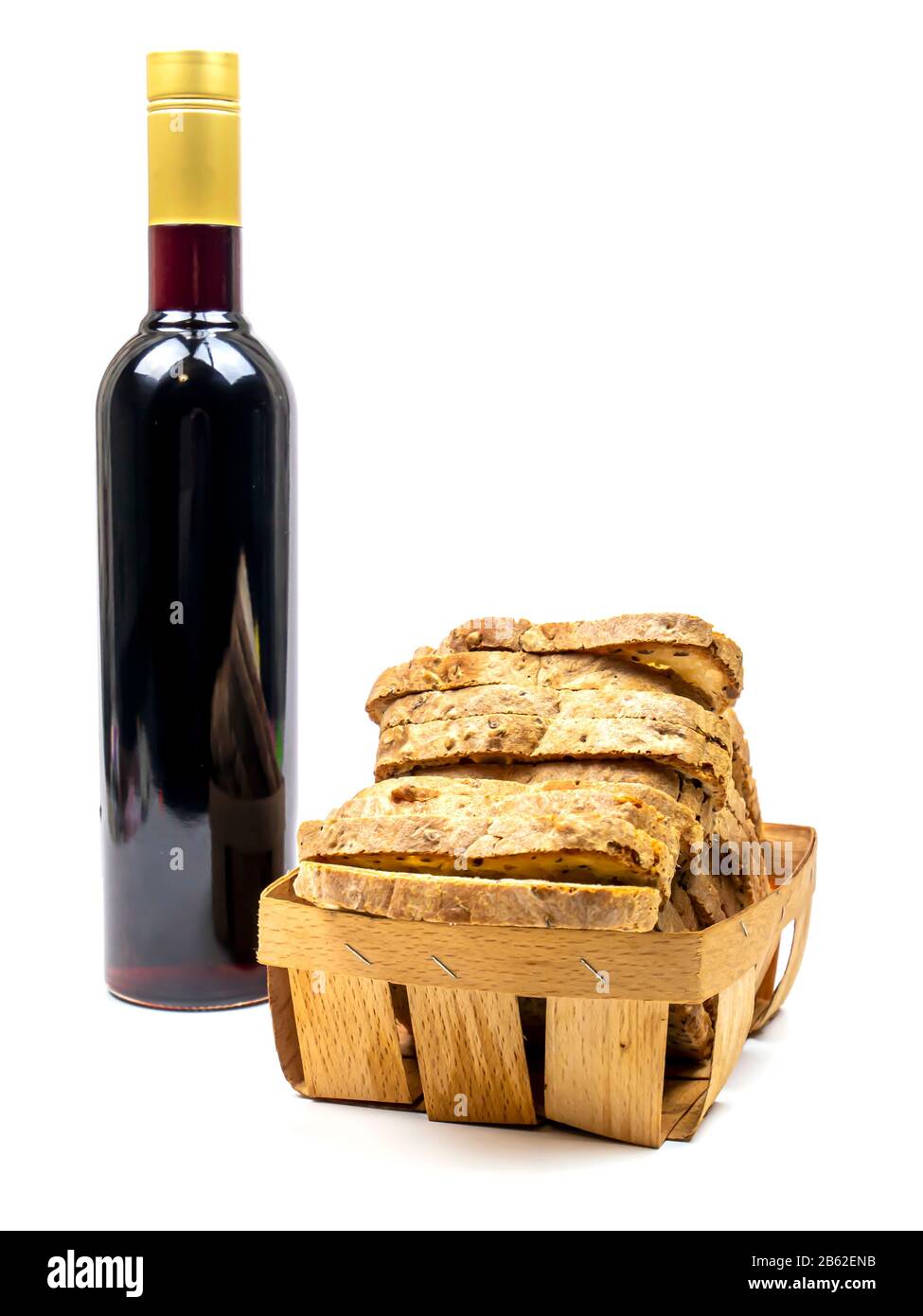White bread and a bottle of red wine on a white background Stock Photo ...