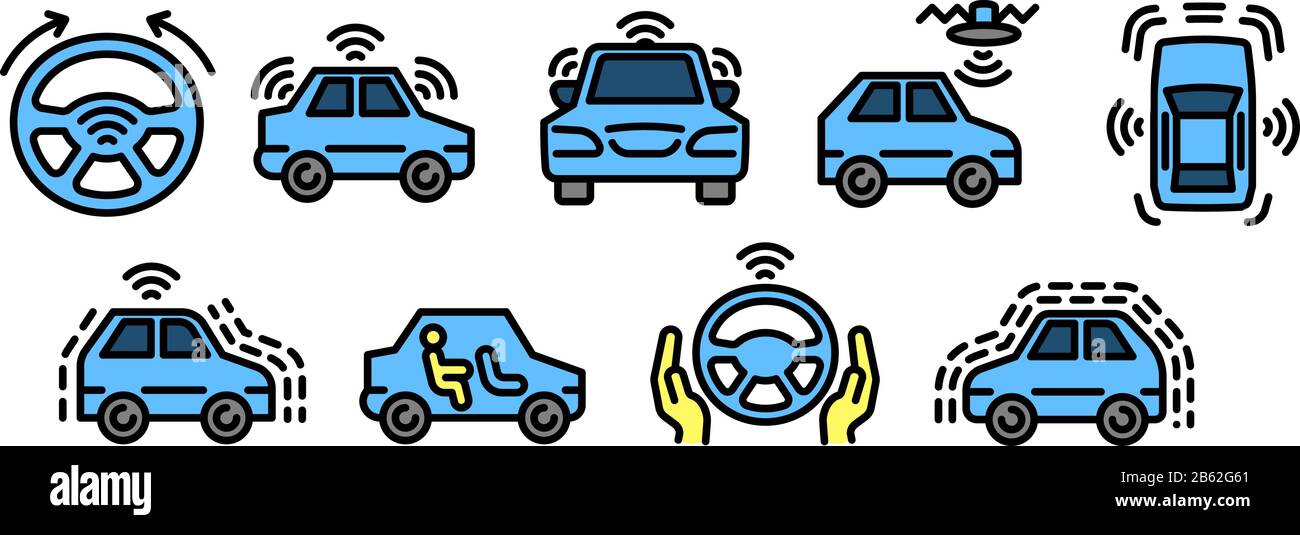Driverless car icons set. Outline set of driverless car vector icons ...