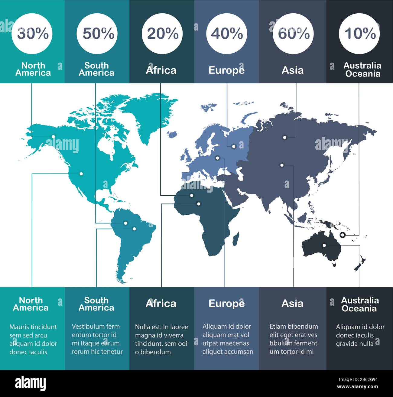 Infographics World maps of continents blue colors on white background ...