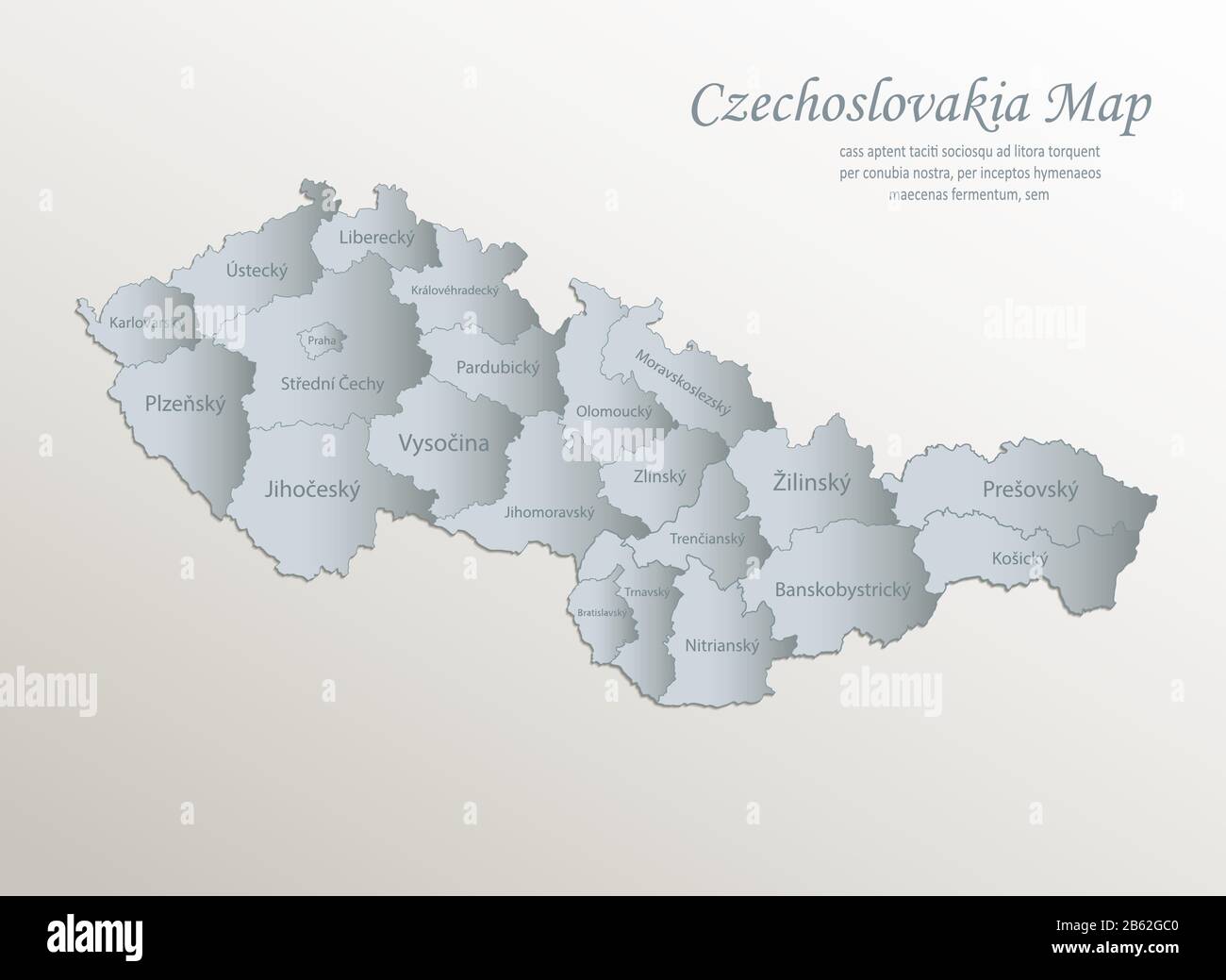 Czechoslovakia map, administrative division with names, white blue card ...