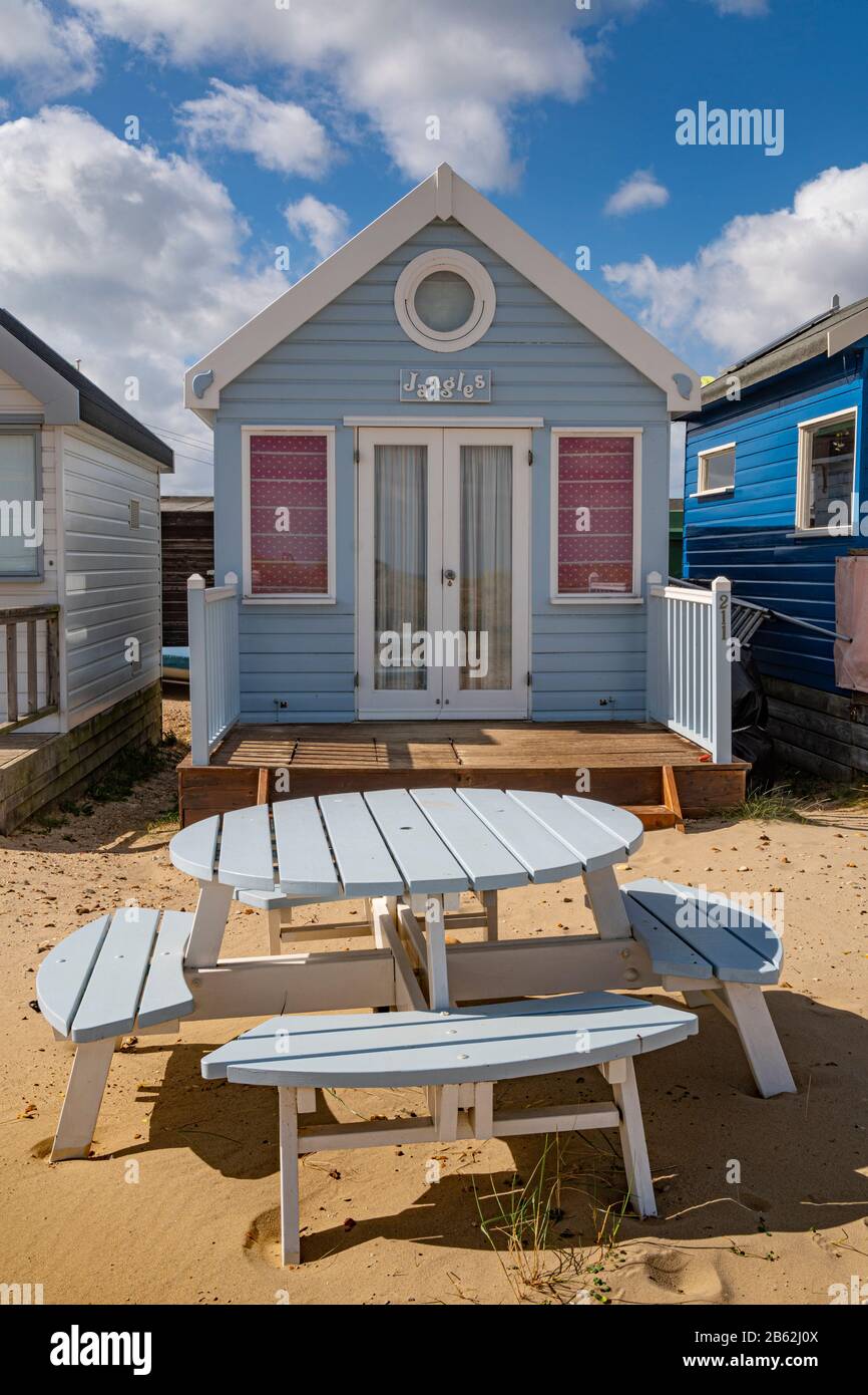 English Blue wooden beach hut Stock Photo - Alamy