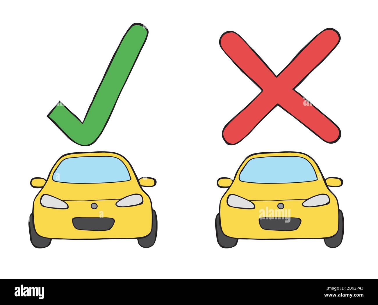 Vector cars with check mark and x mark. Hand drawn illustration. Black ...