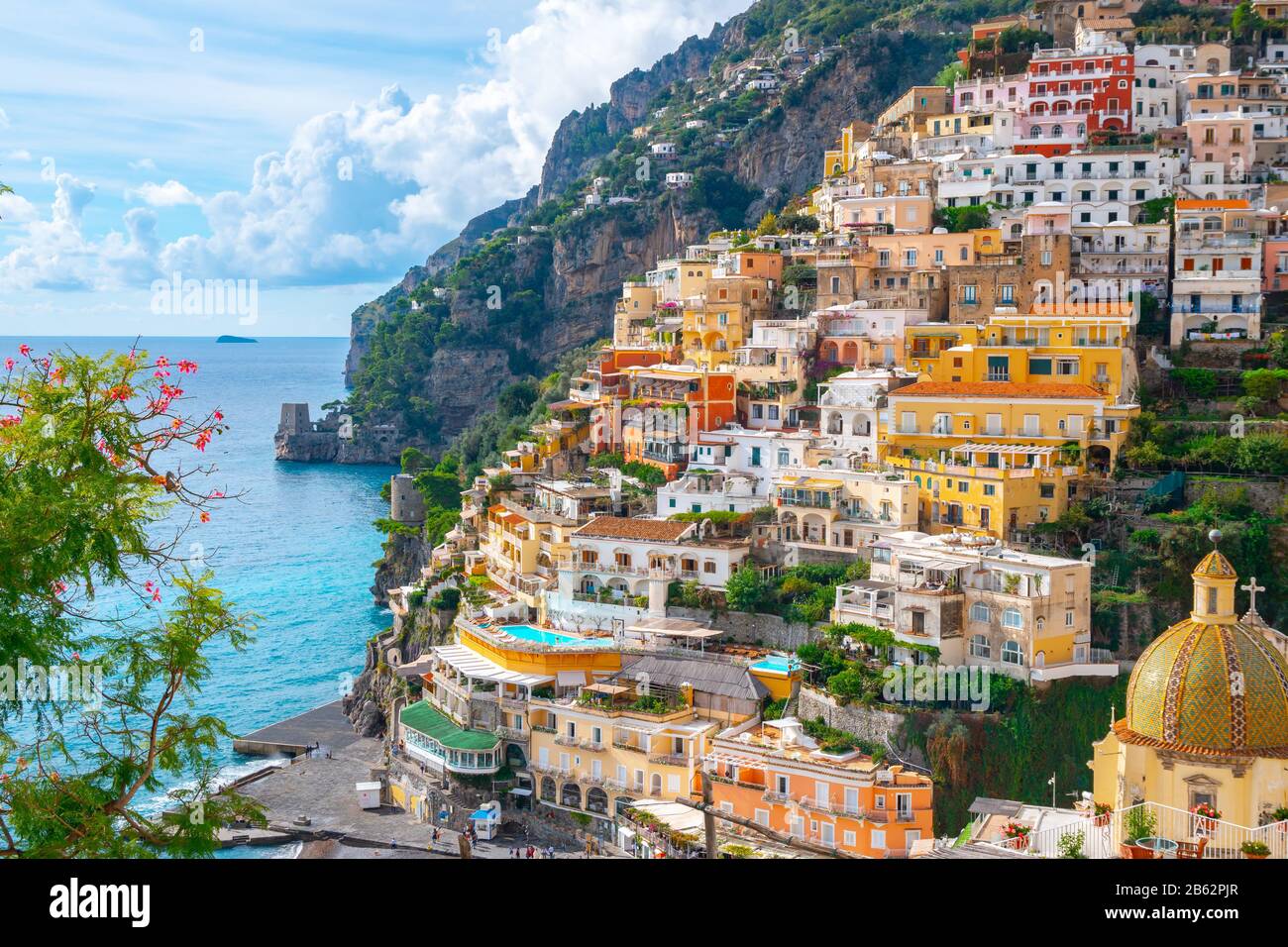 Beautiful Landscape with Positano town at famous amalfi coast, Italy ...