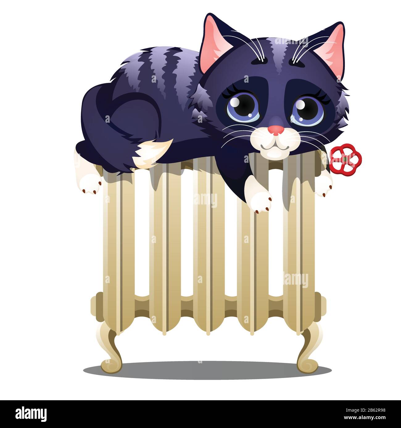 Cute striped cat lying on a hot heating radiator isolated on white ...