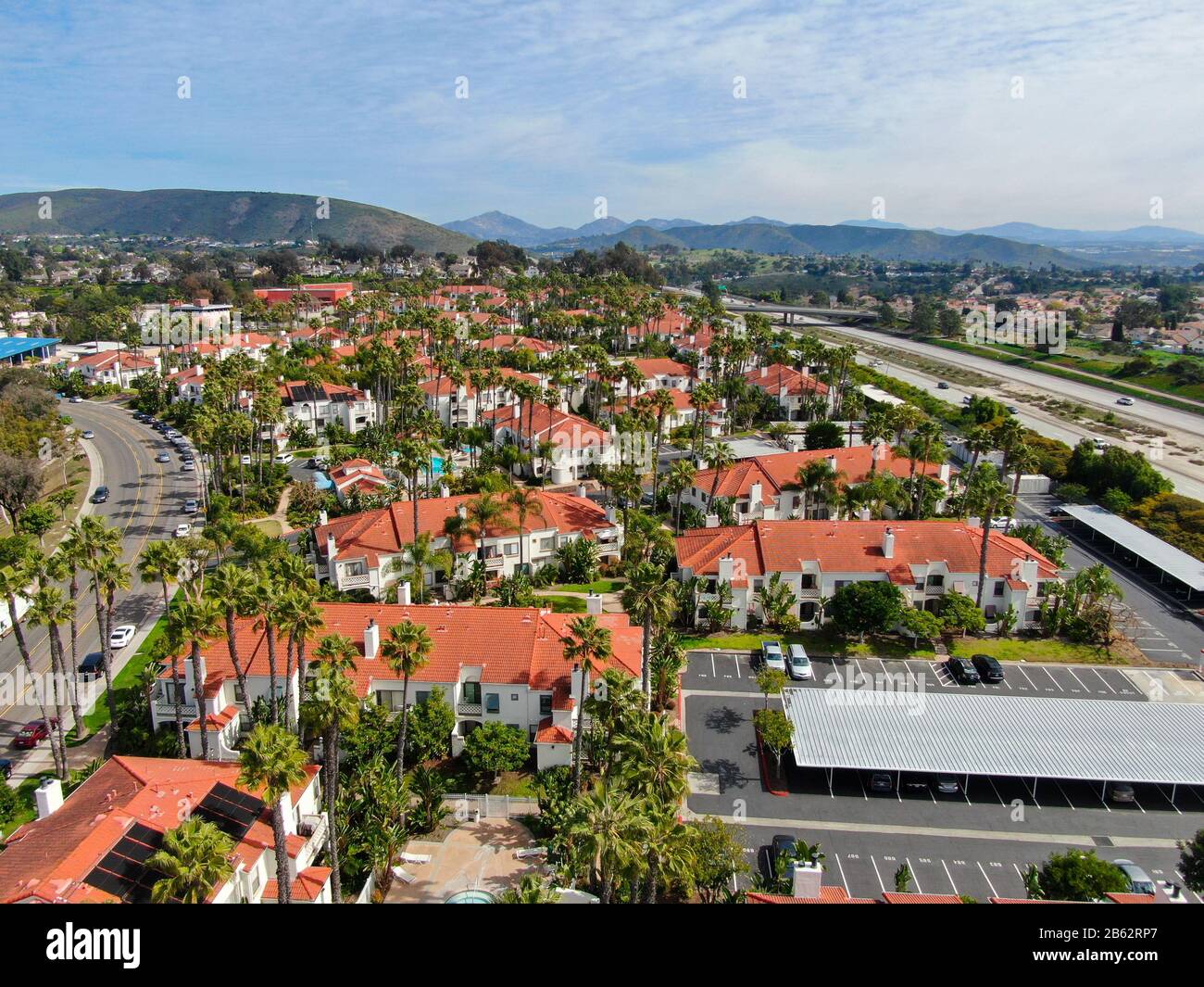 Aerial view of typical Southern California Spanish style residential ...