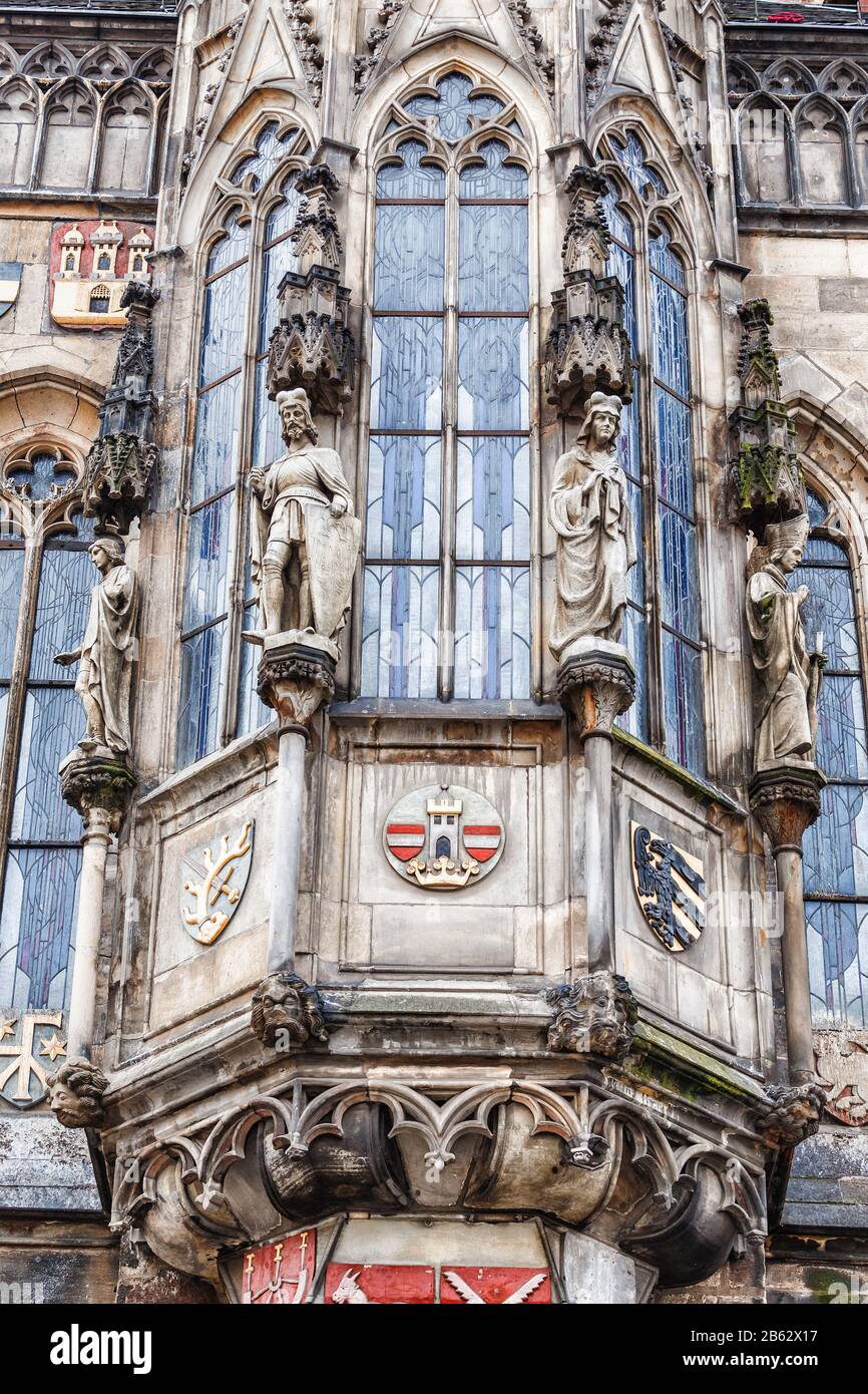 Closeup of Prague Town Hall facade decorations with sculptures and ...