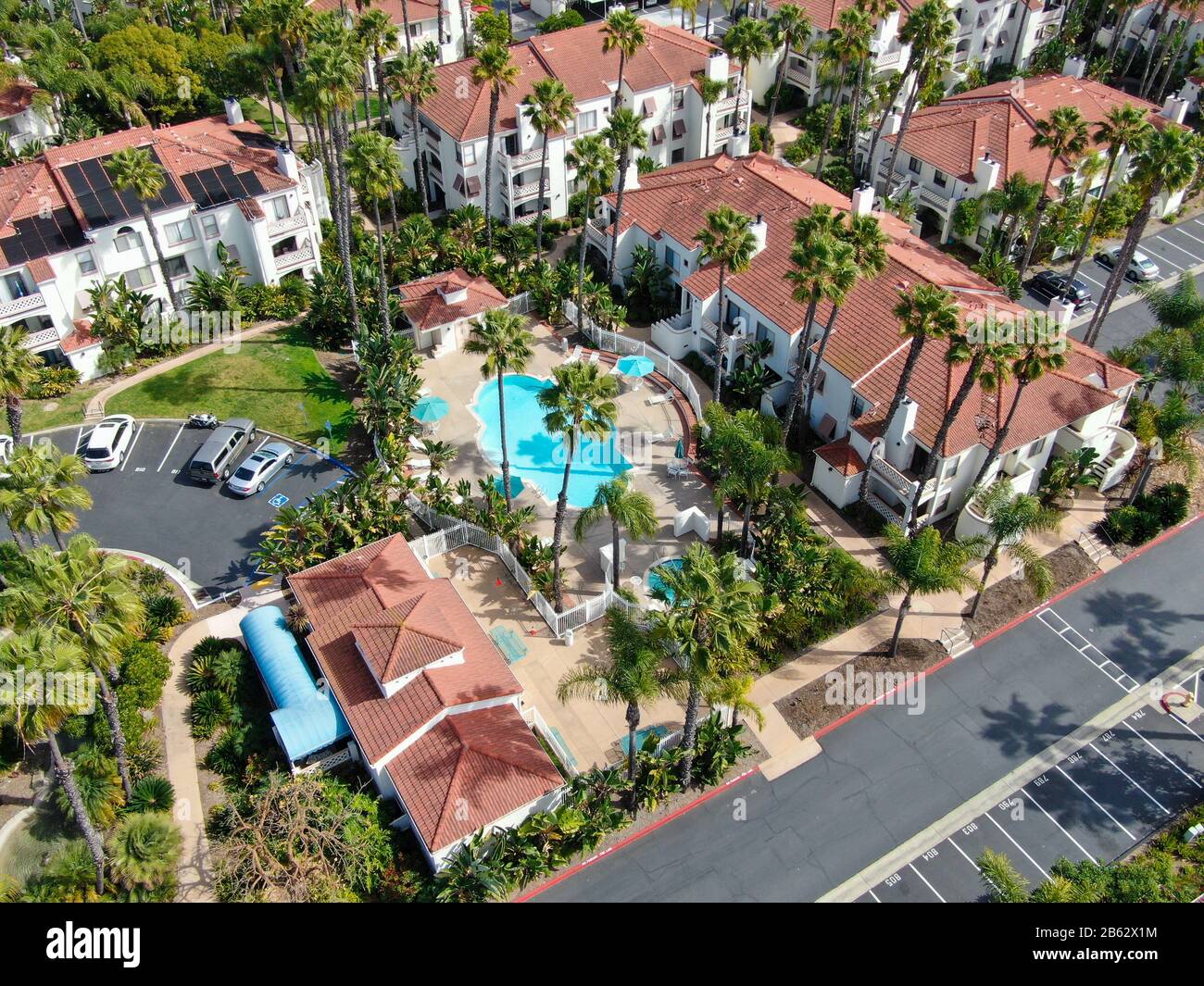 Aerial view of typical Southern California Spanish style residential ...
