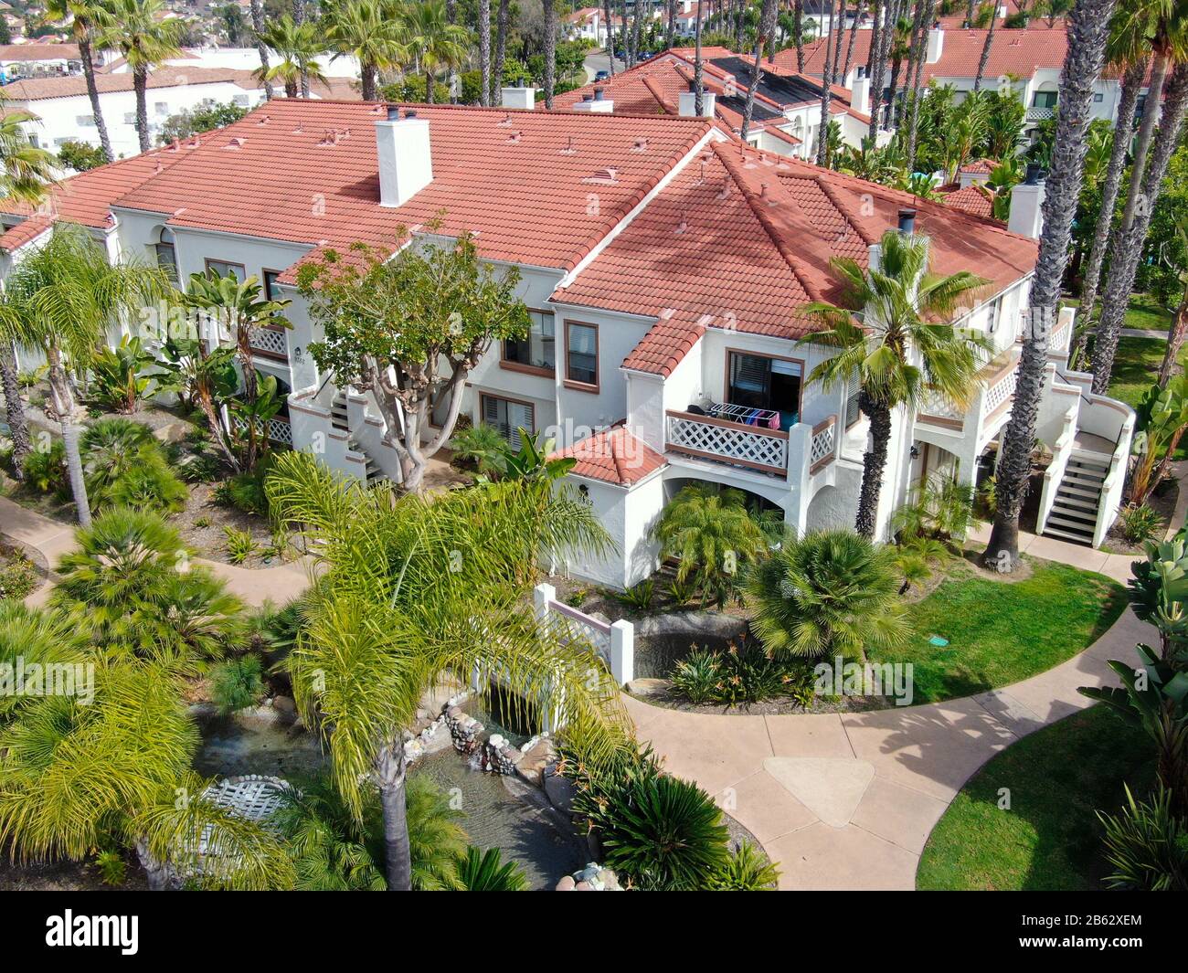 Aerial view of typical Southern California Spanish style residential ...