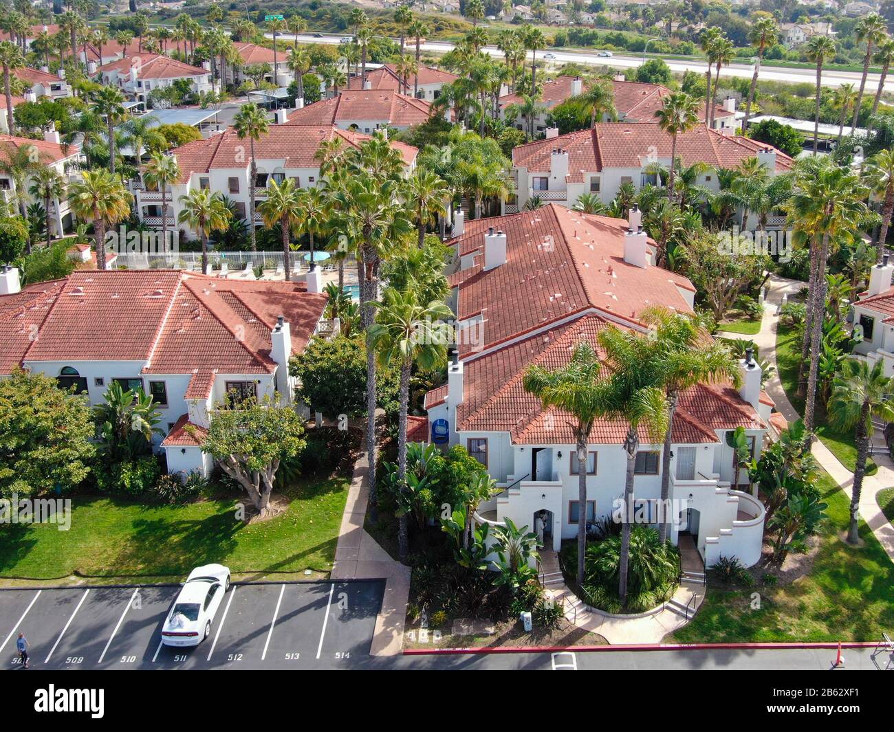 Aerial view of typical Southern California Spanish style residential ...