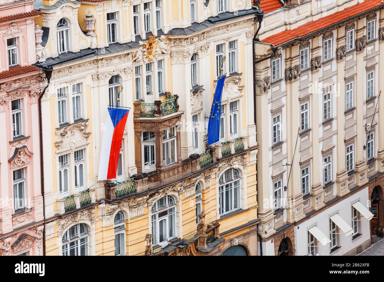 Flags of czech republic and euro union on facade of the house Stock ...