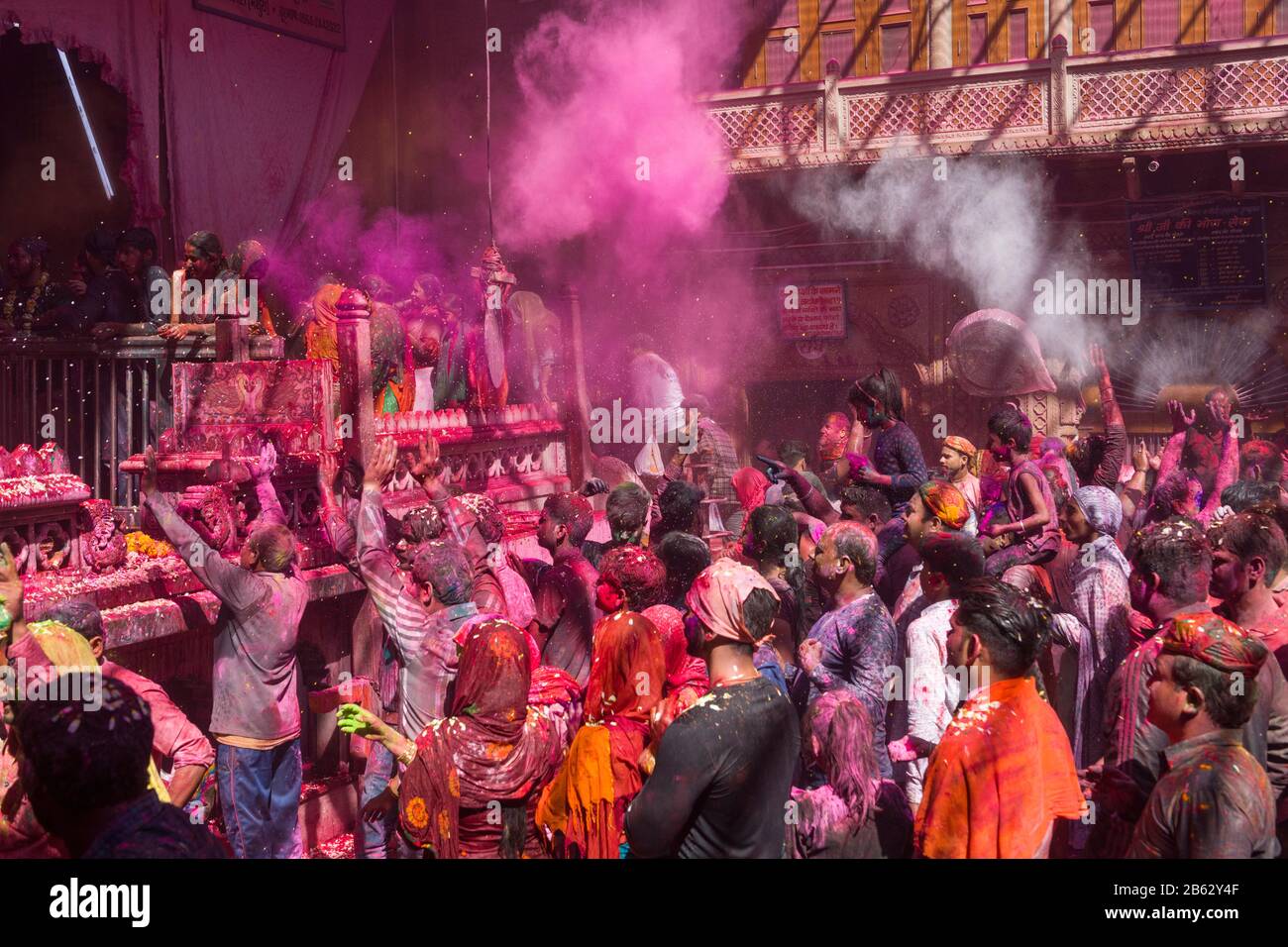 Vrindavan, India. 9 March 2020. Pilgrims and tourists celebrating Holi ...