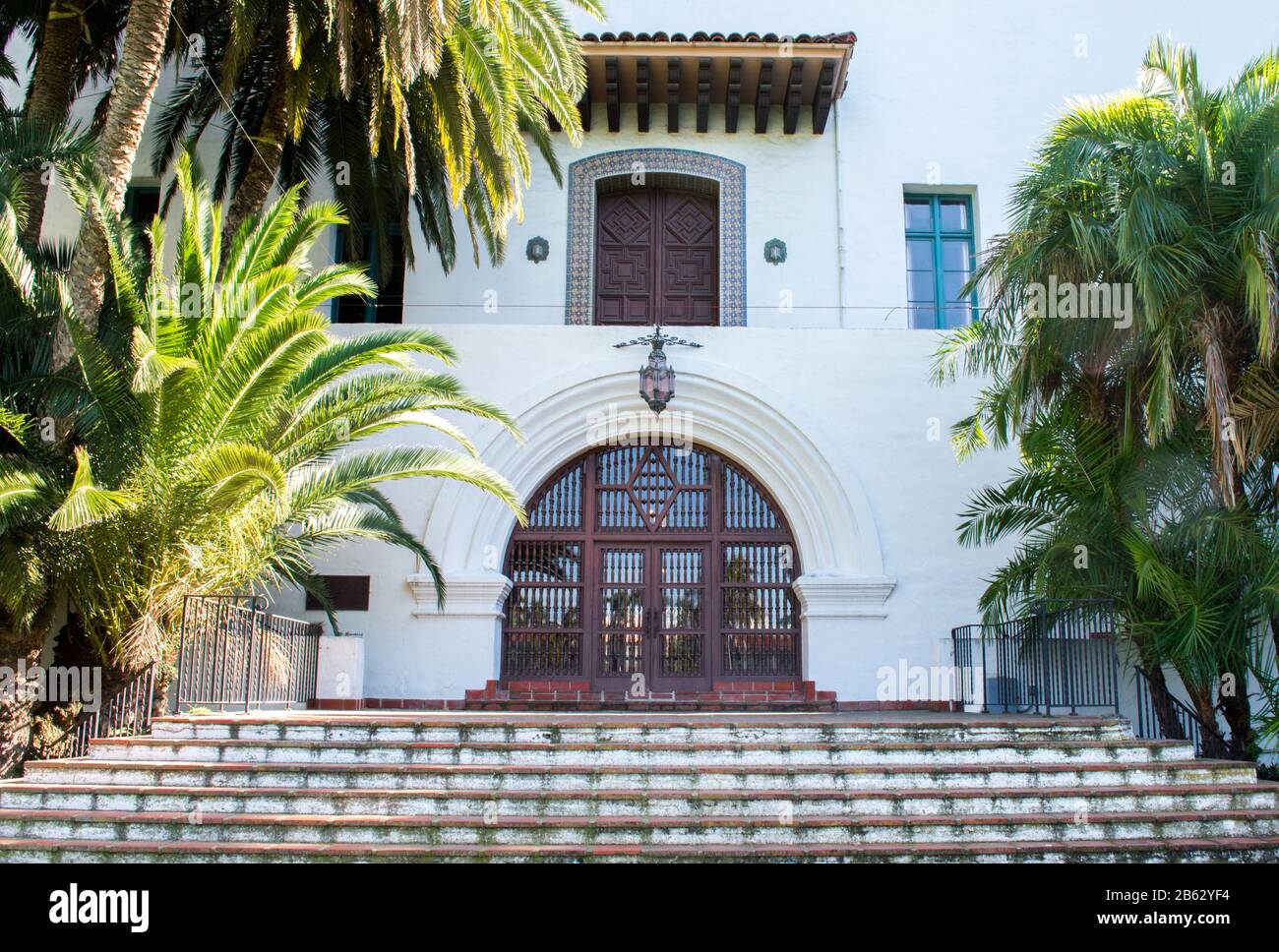 ornate arched entrance to the historic Santa Barbara County courthouse ...