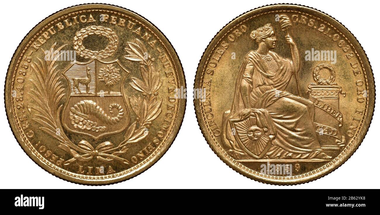 Peru Peruvian golden coin 50 fifty soles 1959, shield with llama, tree ...