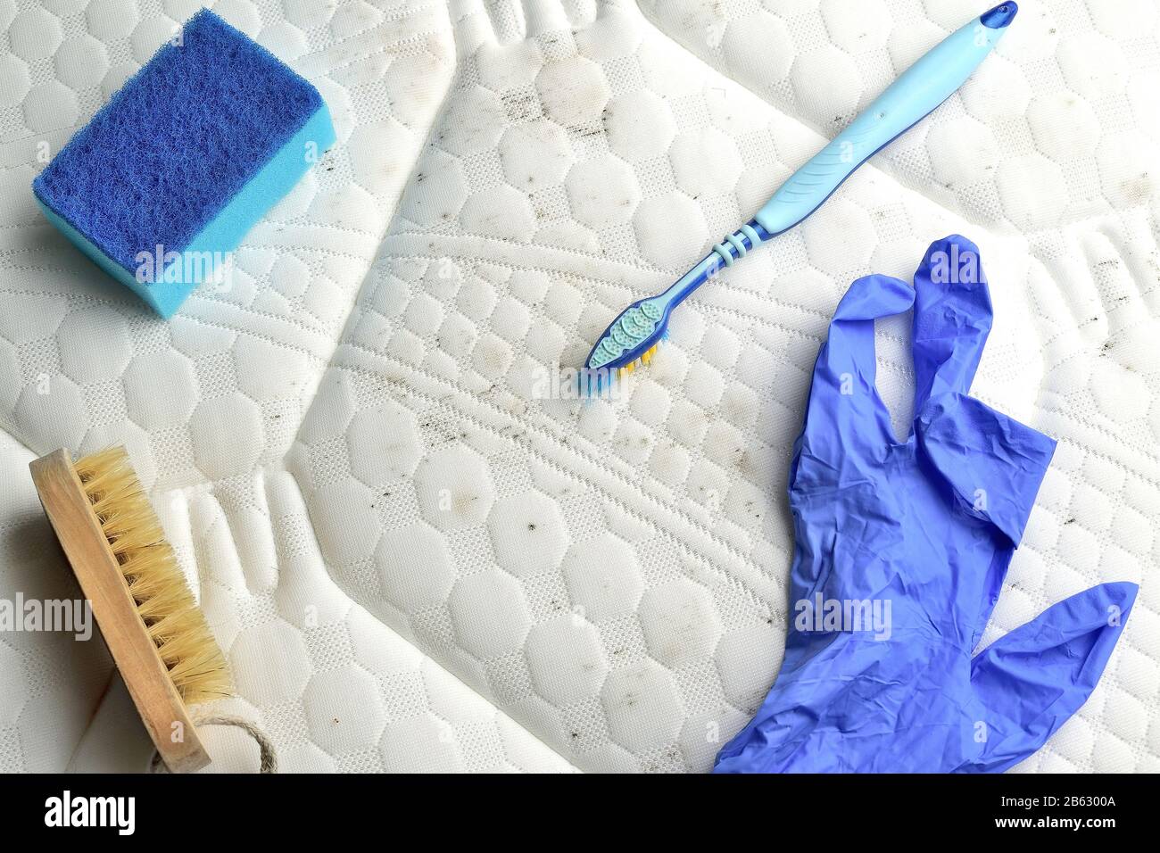 Removing mildew stains from the mattress`s surface. Brush, sponge ...