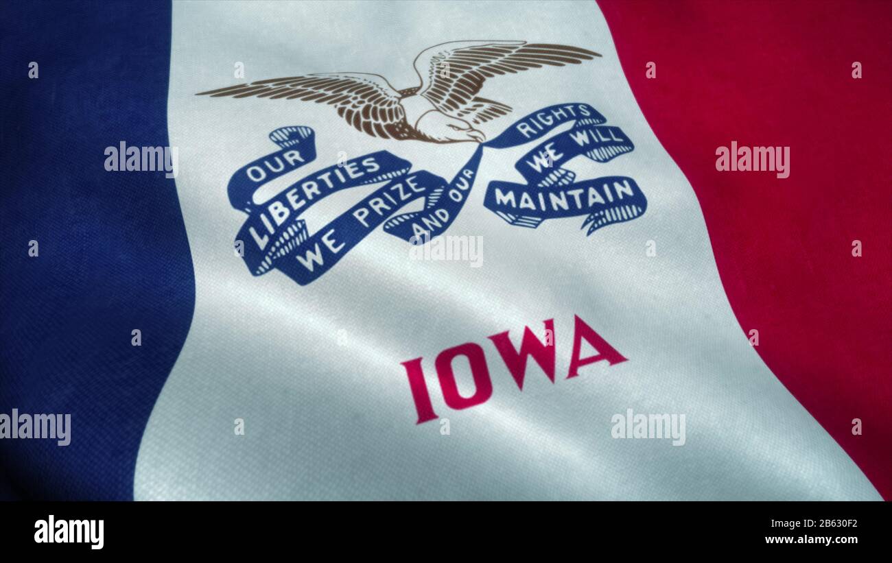 Iowa flag waving in the wind. National flag of Iowa. Sign of Iowa. 3d ...