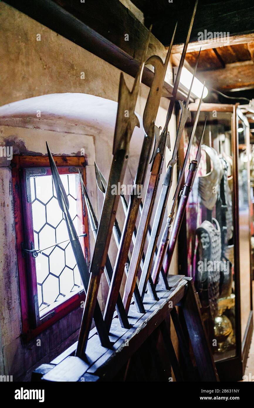 Protective medieval weapons in castle Stock Photo - Alamy