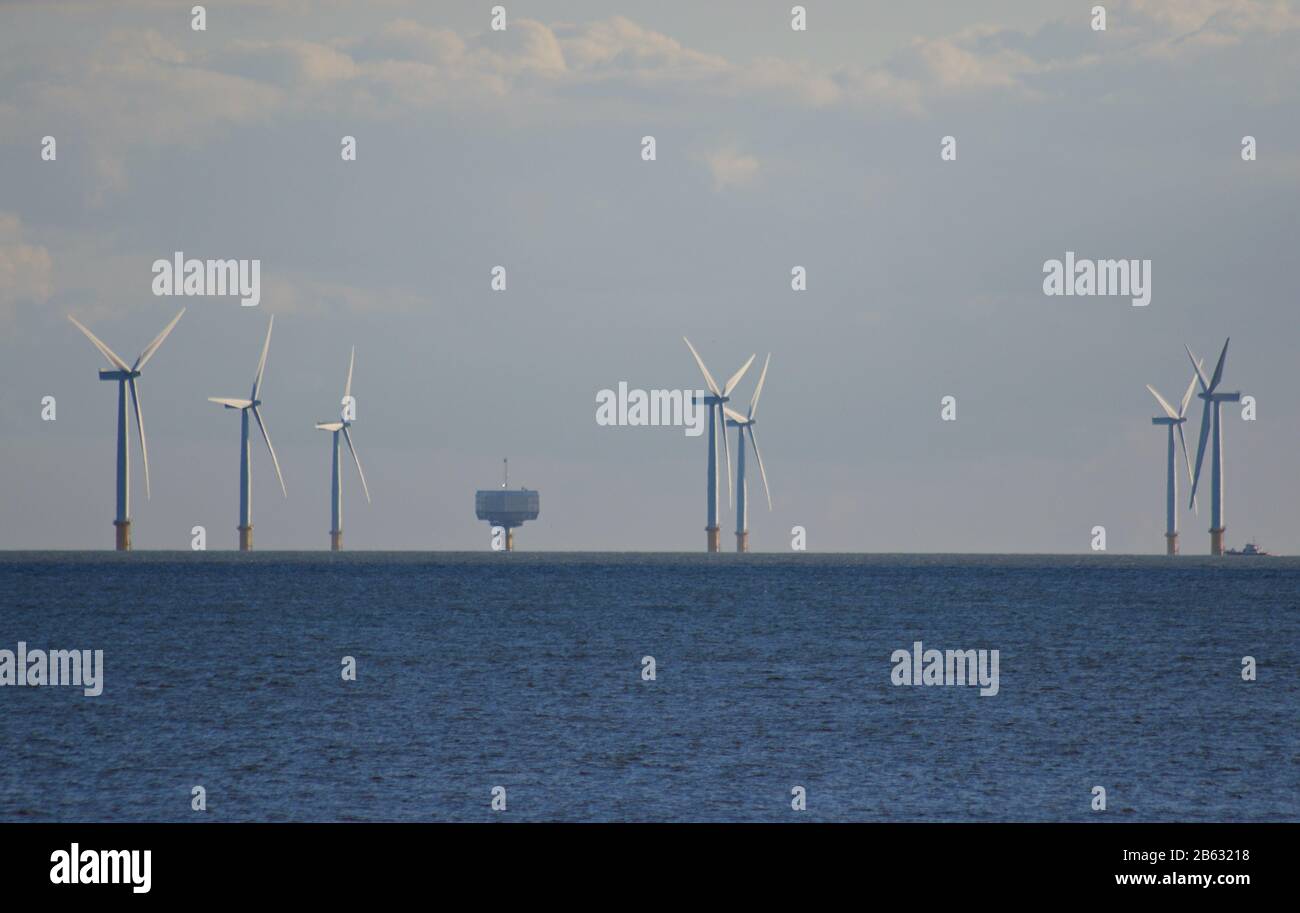 Wind Farm on Gunfleet Sands can be seen from the coast of Frinton on ...