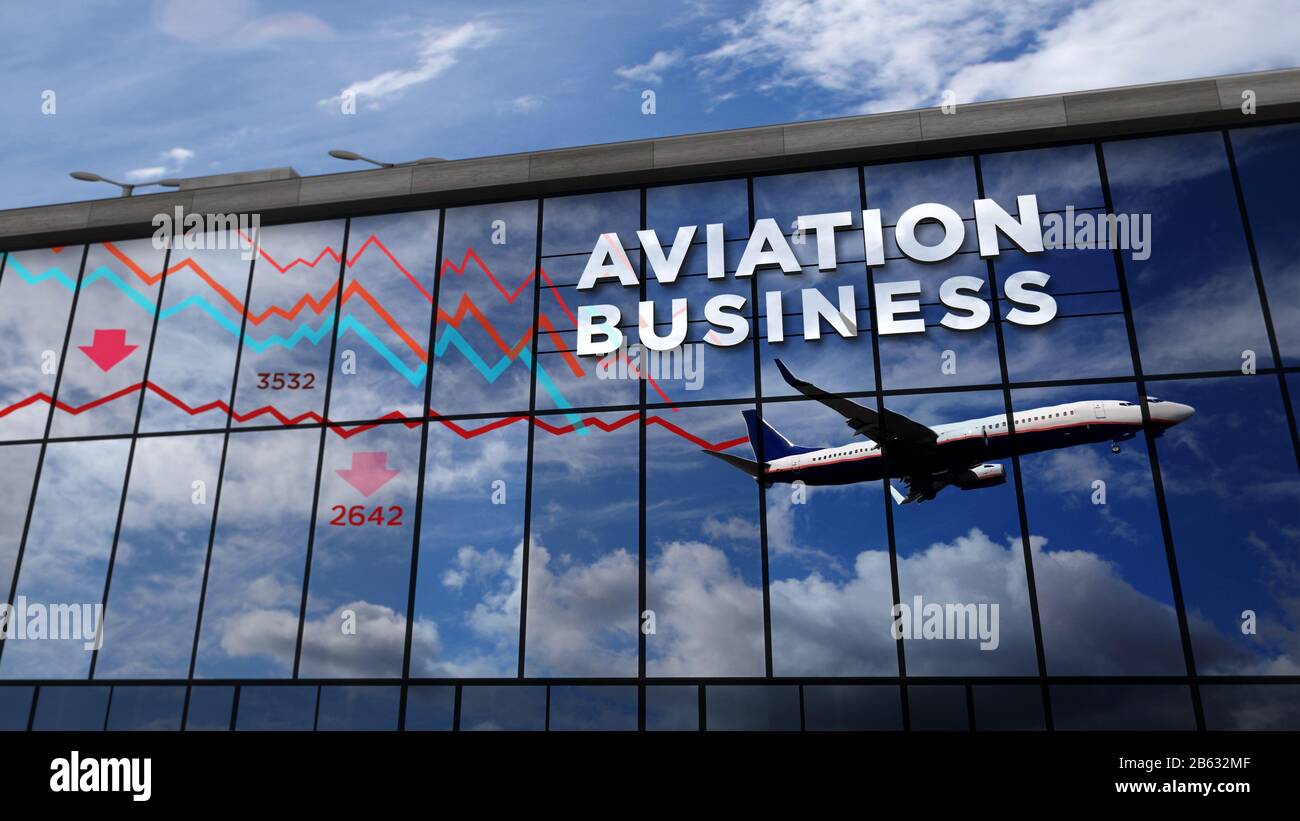 Jet aircraft landing mirrored in terminal glass building 3D rendering ...