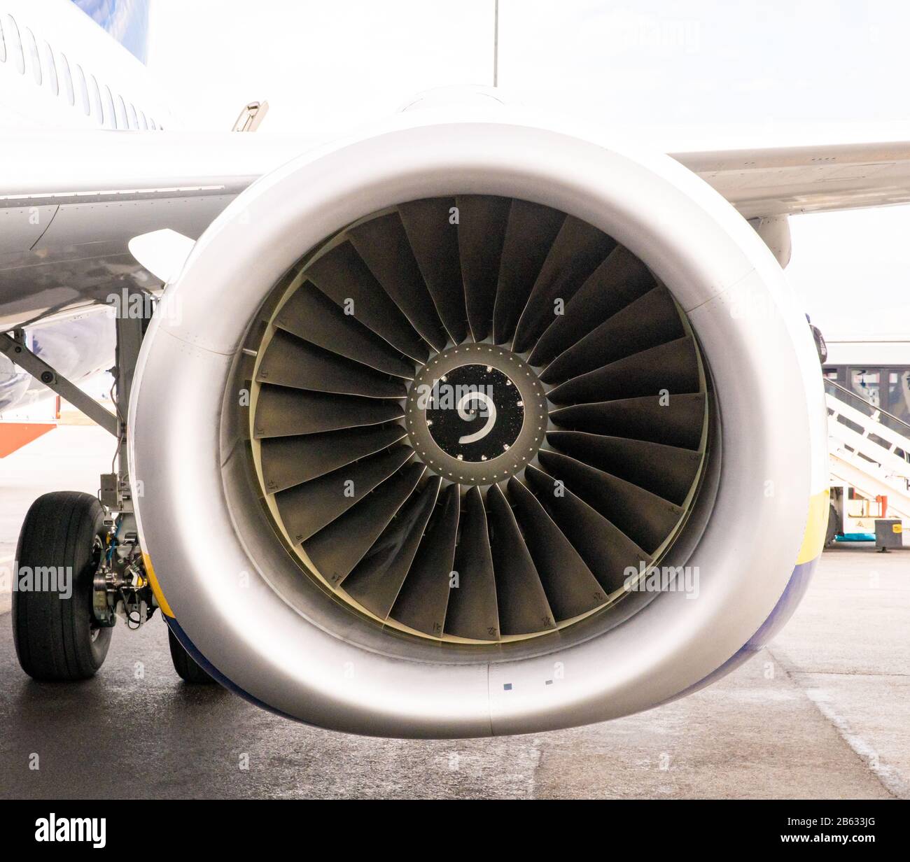 A turbine of an aircraft standing at an aerodrome during a technical ...