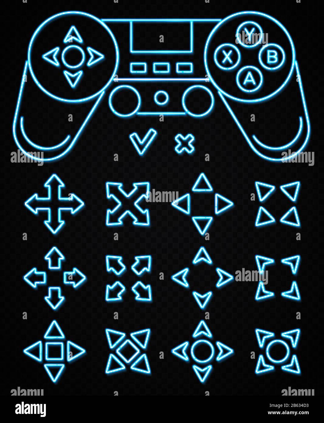 Neon game sign set on dark transparent background. Blue light arrow ...