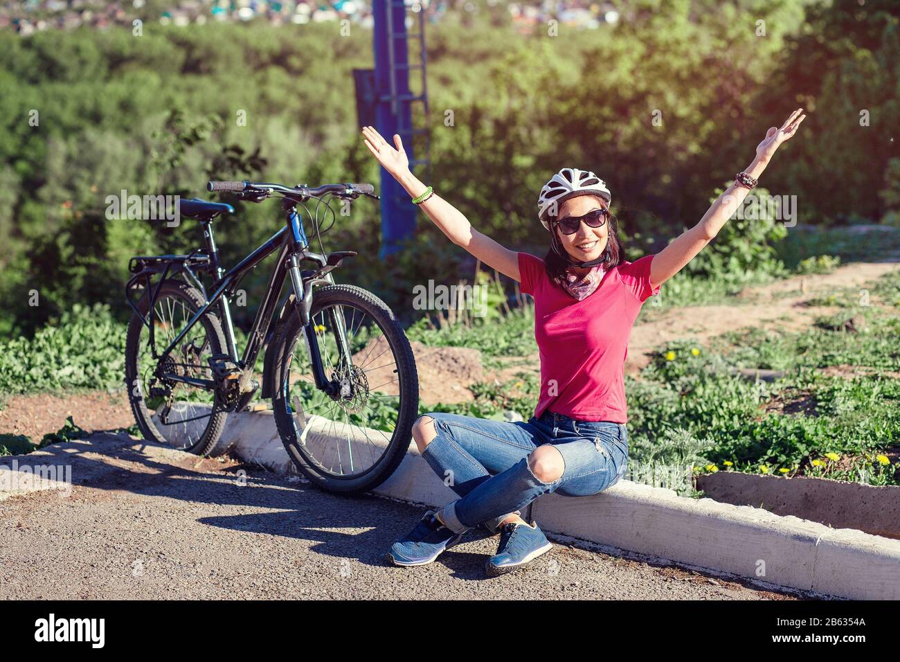 Success, achievement, accomplishment and winning concept with cyclist ...