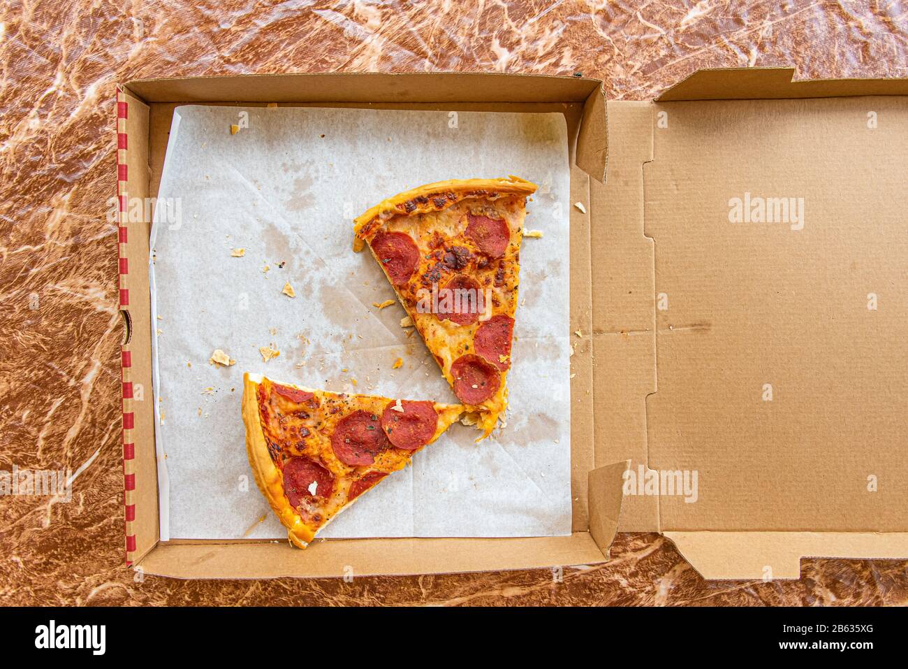 Stale, leftover pizza slices in pizza delivery box Stock Photo - Alamy