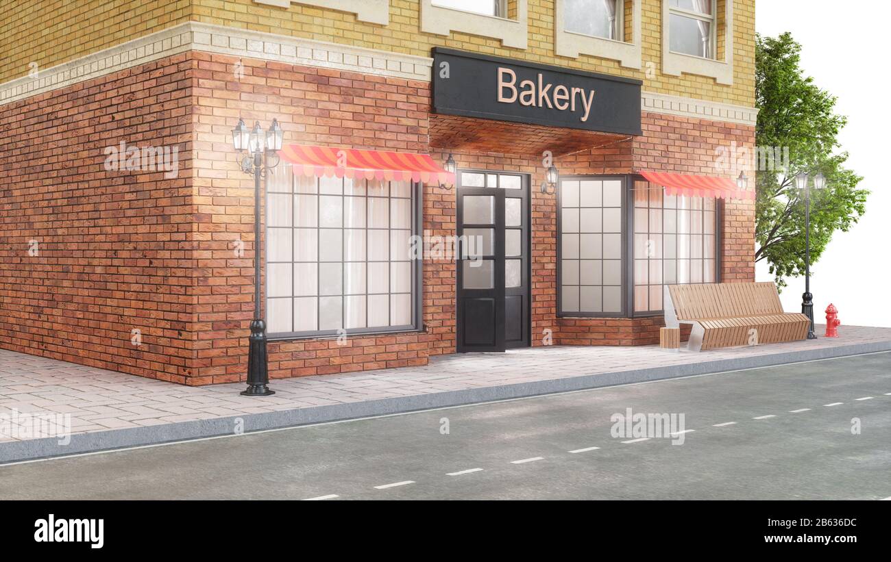 Bakery or shop with delicious pastries. Exterior of a building near the ...