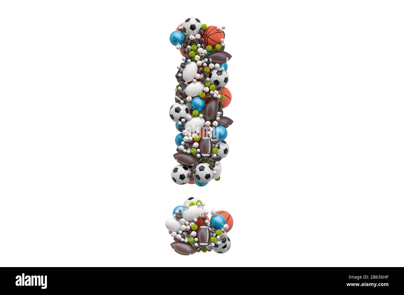 Exclamation mark from sport gaming balls, 3D rendering isolated on ...