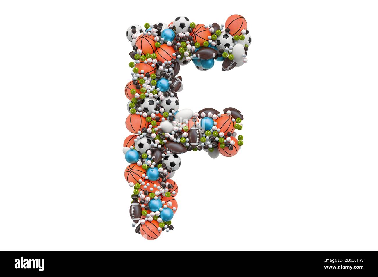 Letter F from sport gaming balls, 3D rendering isolated on white ...