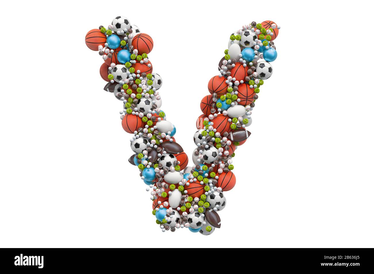 Letter V from sport gaming balls, 3D rendering isolated on white ...