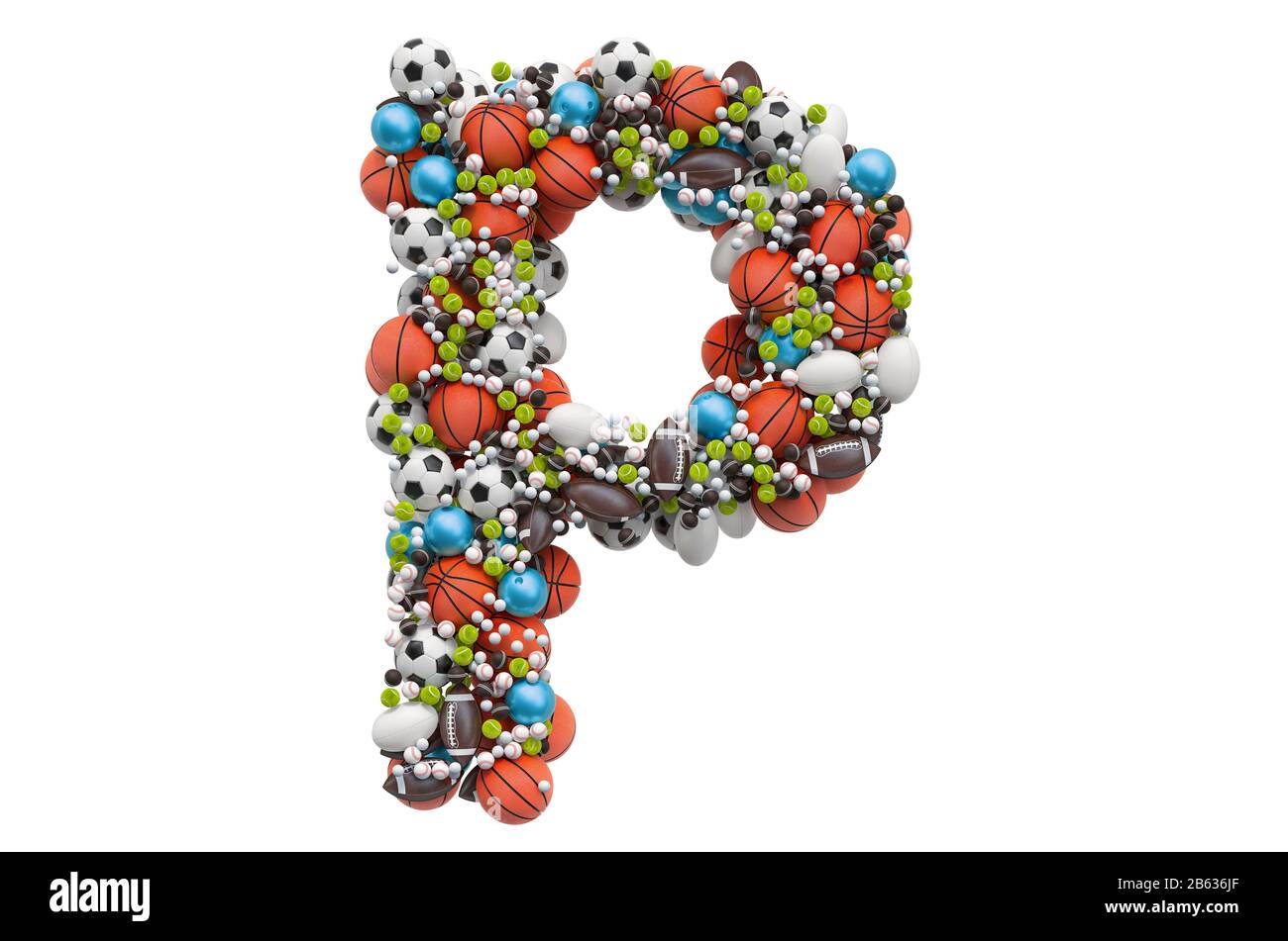 Letter P from sport gaming balls, 3D rendering isolated on white ...